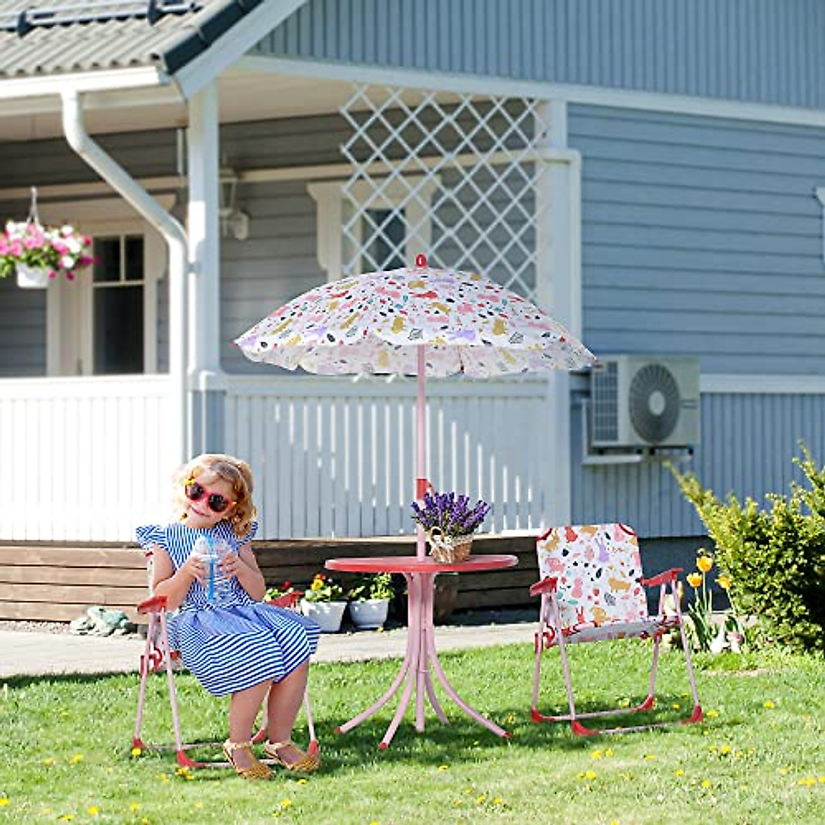 Outsunny Kids Folding Picnic Table and Chairs Set Rabbit Pattern for Outdoor Garden Patio Backyard with Removable & Height Adjustable Sun Umbrella, Red