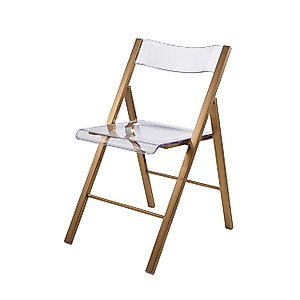 LeisureMod Transparent Acrylic Folding Chair, Lightweight Iron Chrome Base Comfortable Clear Desk Chair, No Assembly Needed (Set of 2) in Brushed Gold