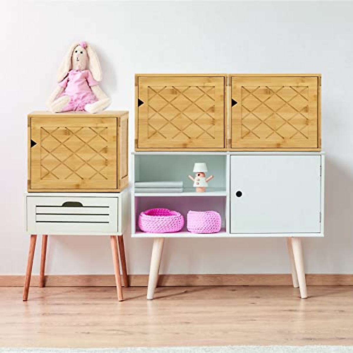 Fasmov Cube Storage Organizer, Bamboo Cube Bookshelf, Stackable Connect Storage Cube Cubby Organizer with Door, Stackable Cubes Bin for Bedroom, Home and Office