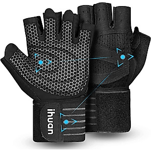 ihuan Ventilated Weight Lifting Gym Workout Gloves with Wrist Wrap Support for Men & Women, Full Palm Protection, for Weightlifting, Training, Fitness, Hanging, Pull ups