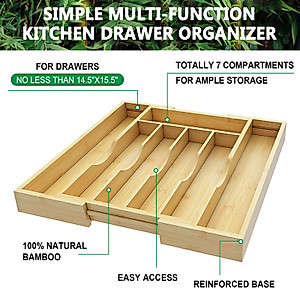 BAMBUROBA Drawer Dividers Silverware Tray Expandable Utensil Cutlery Tray Bamboo Wooden Adjustable 4 Compartments Flatware Organizer Kitchen Storage Holder for Knives Forks Spoons