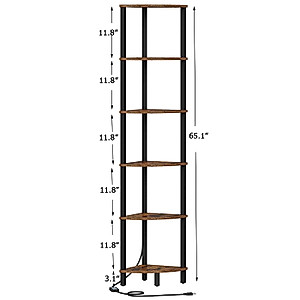VIMBER 6-Tier Corner Shelf with LED Light, Industrial Corner Ladder Shelf, Rustic Display Shelf for Living Room, Bedroom, Kitchen, Home Office, Sturdy Frame, Rustic Brown and Black UJSJ002F