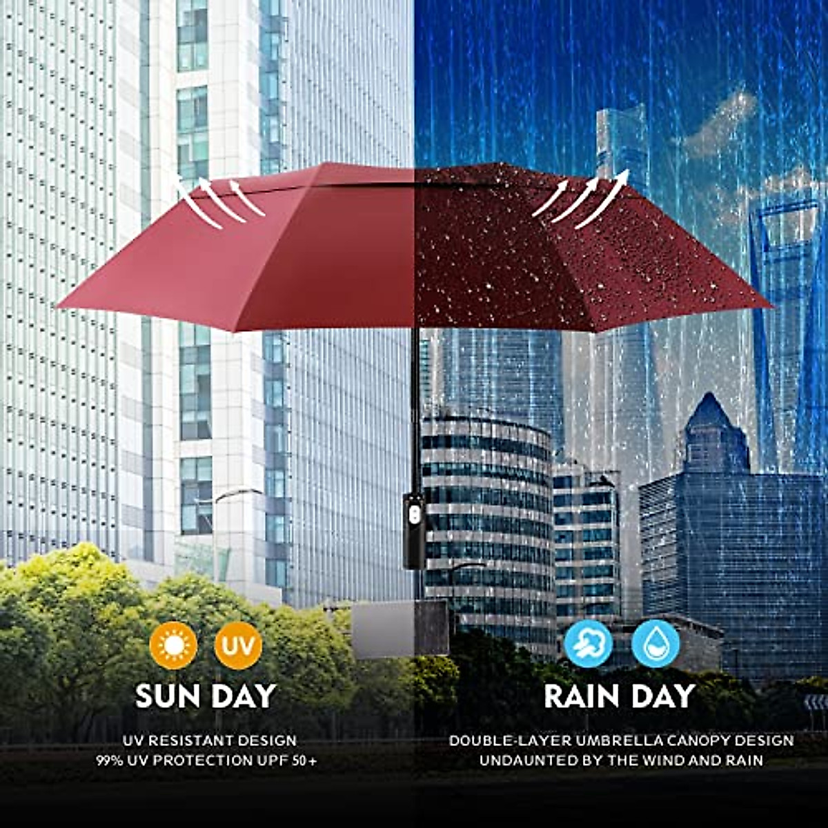 UNDERTREE Windproof Umbrellas for Rain, Double Canopy Folding Umbrella with 10 Fiberglass Ribs, Compact Travel Umbrella, One Button Auto Open/Close, Burgundy-23