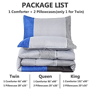 PERFEMET Blue Striped Comforter Set Twin Size - (1 Twin XL Comforter, 2 Pillowcases), Super Soft Lightweight Patchwork Bedding Set, Reversible Down Alternative Comforter Set for Teens Boys Girls