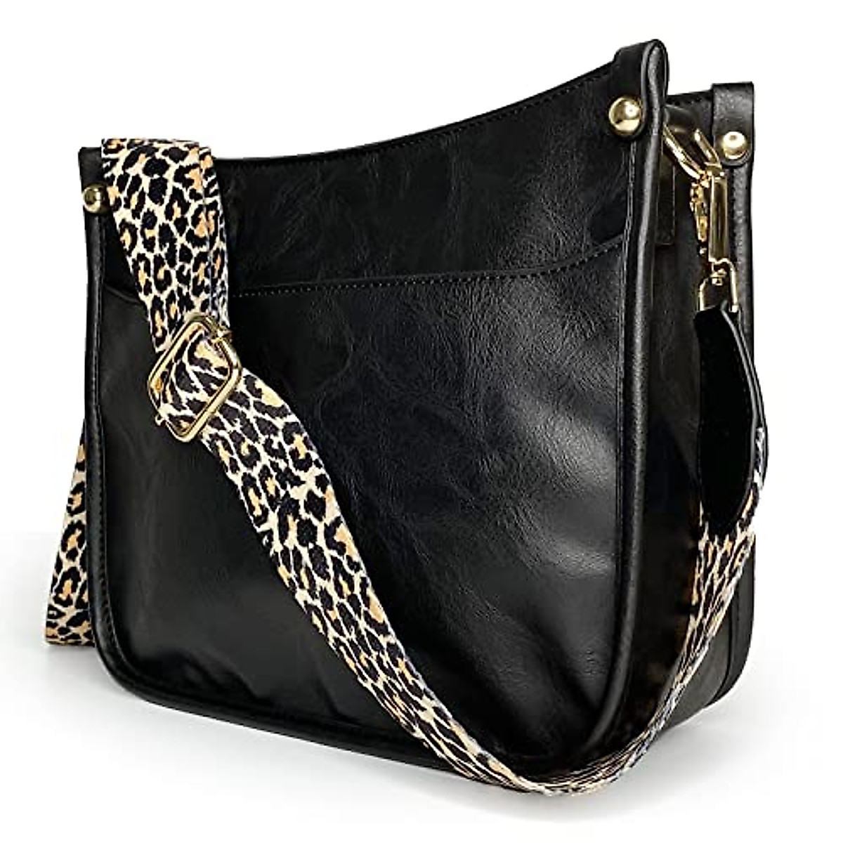 KOGTLA Women's Crossbody Shoulder Bag with Leopard Guitar Strap,Vegan Leather Purse Handbag Bucket Tote Bag Black