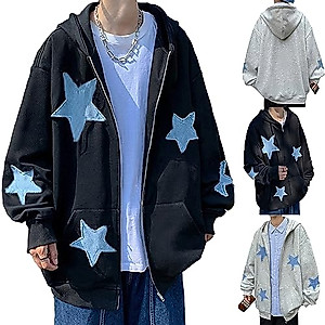 Fepege Star Hoodie Men Y4K Harajuku Grunge Jacket Casual Oversized Sweatershirt Cute Cardigan Alt Streetwear (Black, L)