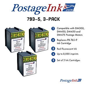 PostageInk.com 765-9 Non-OEM Ink Cartridge Replacement for SendPro C Auto, DM300c, DM400c, DM450c and DM475c Postage Meters, Pack of 3