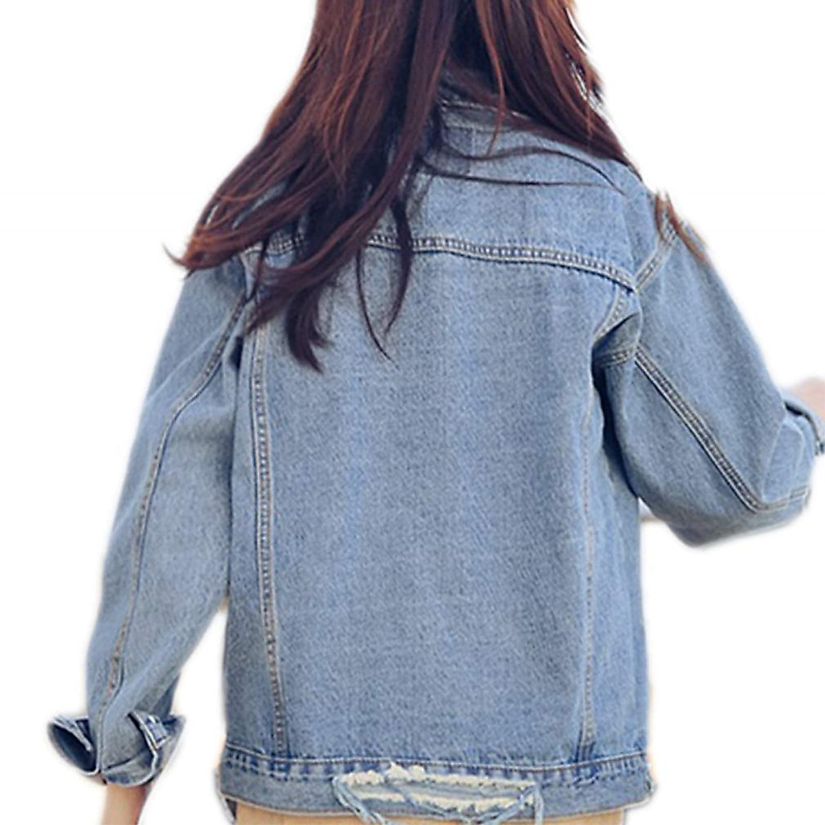 Saukiee Oversized Denim Jacket Distressed Boyfriend Jean Coat Jeans Trucker Jacket for Women Girls Lightblue M