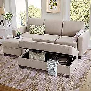 ERYE L-Shaped 3-Seaters Corner Sectional Sofa with Pull Out Sleeper Couch Bed and Reversible Storage Chaise for Home Office Apartment Living Room Furniture Sets Sofabed, Warm Grey