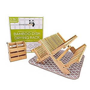 All-in-1 Bamboo Dish Drying Rack Set with Utensil Holder and Microfiber Drying Mat Large Collapsible 3 Tier Wooden Dish Drying Rack Bamboo Utensil Drying Rack and 15" Dish Drying Mat.