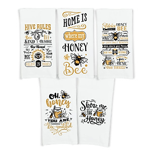 Honey Bee Kitchen Towels with Hanging Loop - Set of 5 100% Cotton Flour Sack Hand Towels - Home Decor Housewarming Hostess Mother's Day Gift for Bee Lover
