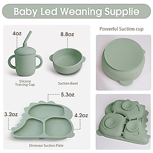 FOMOMDI Silicone Baby Weaning Set, 10PCS Baby Feeding Set - Toddler Utensils, Baby Led Weaning Supplies with Dinosaur Plate, Bib, Cup, Suction Bowl, Forks, Spoons, Fruit Feeder, Clean Brush