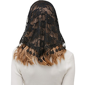 PAMOR Mass Veil Triangle Mantilla Cathedral Head Covering Chapel Veil Lace Shawl Latin Scarf (Black)