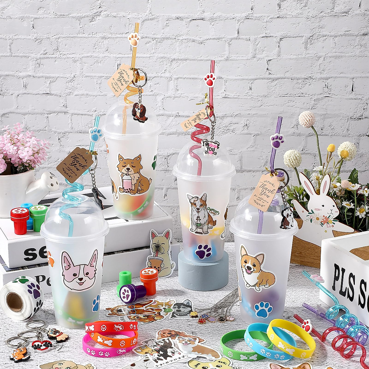 Gejoy 178 Pcs Dog Paw Party Favors Set Includes Paw Straws Cups Silicone Bracelet Keychain Stamper Sticker Pendant Chain Thank You Tag for Boy Girl Dog Paw Theme Party Supplies (Puppy, Paw)
