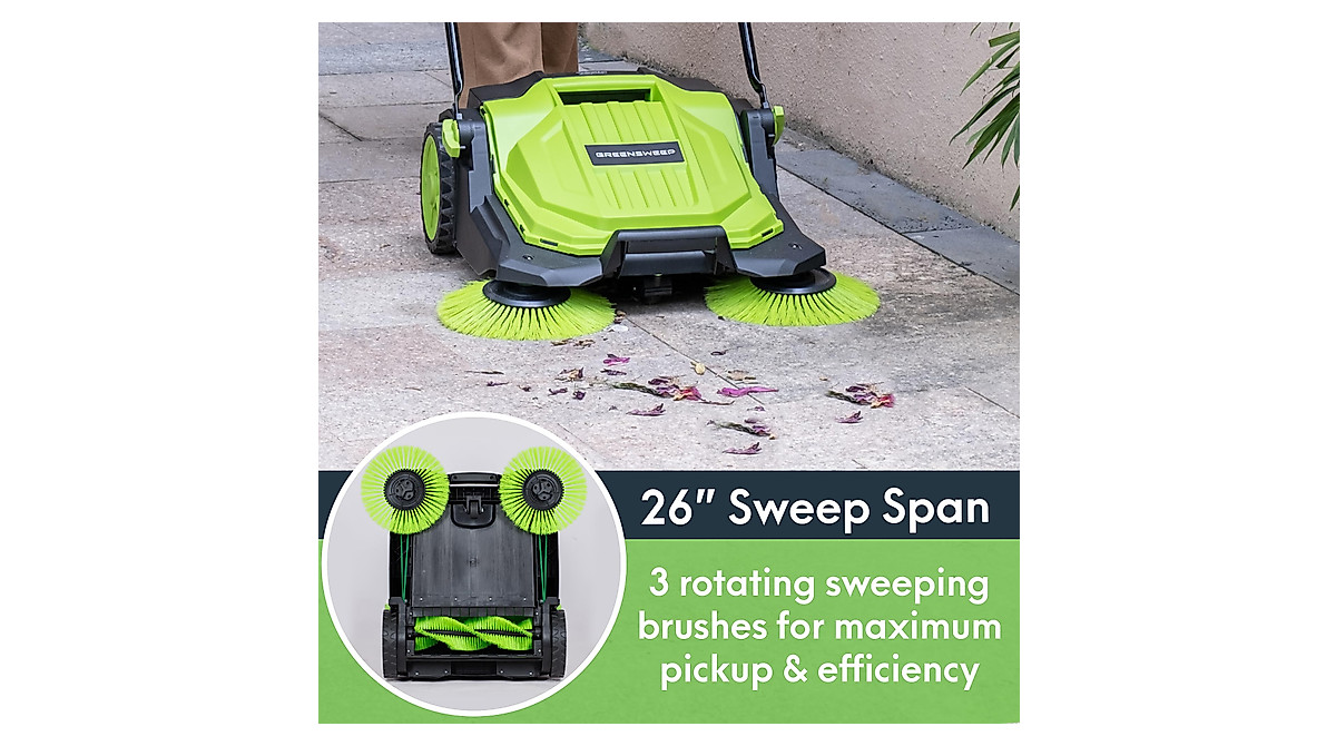 GreenSweep Walk Behind Sweeper - 5 Gallon Capacity for Outdoor & Indoor Use