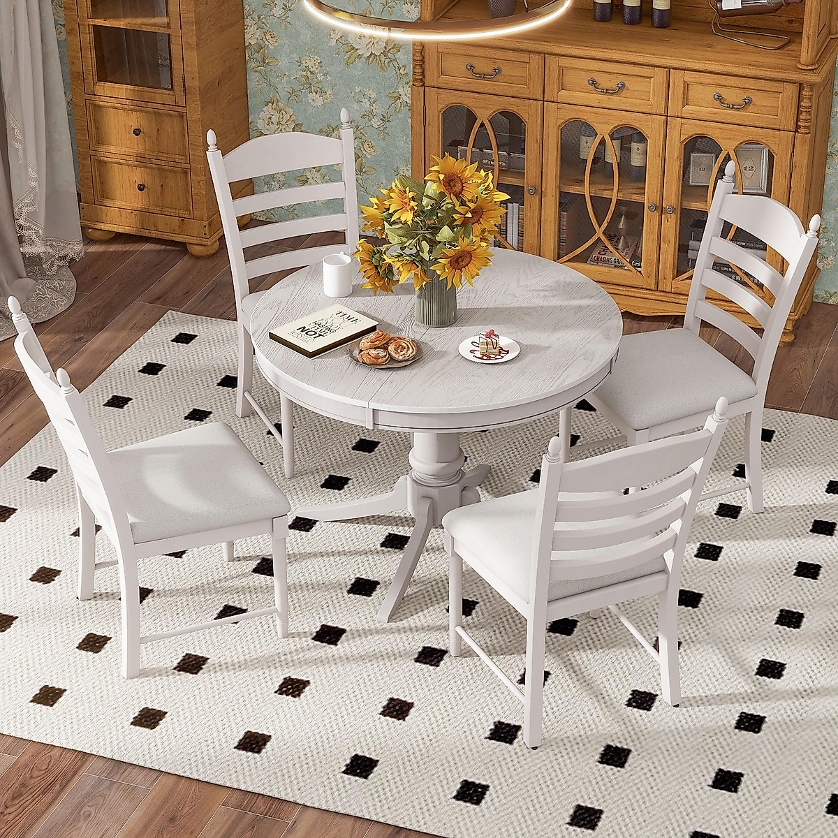 P PURLOVE 5 Piece Round Dining Table Set, Functional Furniture Retro Style, Round Table with a 16" W Leaf and 4 Upholstered Chairs, Dining Set for Dining Room and Living Room (Walnut)