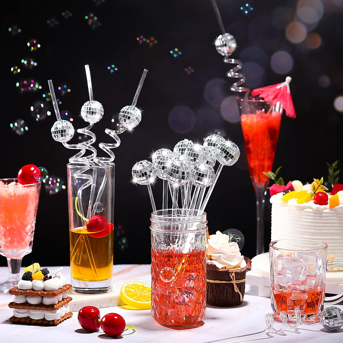 Ferraycle 24 Pcs Disco Ball Straws and Disco Ball Stirrers 70s Disco Party Supplies Mirror Disco Decorative Straws for Disco Ball Party Decorations Bar Karaoke Birthday Wedding Christmas Decoration