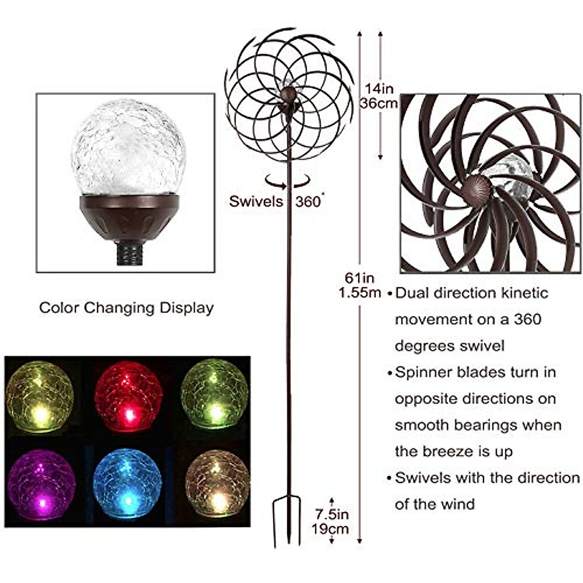 Solar Wind Spinner Willow Leaves-Improved 360 Degrees Swivel Multi-Color LED Lighting Solar Powered Glass Ball with Kinetic Wind Spinner-Metal Sculpture Construction-Outdoor Yard Lawn & Garden