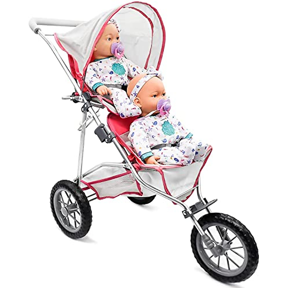 KOOKAMUNGA KIDS Baby Doll Stroller Deluxe Double | Foldable Twin Jog Pram | Retractable Canopy | Premium Pink & Gray Fabric | Soft Grip Handle | Storage Basket Underneath