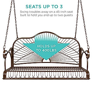 Best Choice Products Hanging Iron Porch Swing Bench Outdoor Patio Furniture for Garden, Deck w/Armrests, Mounting Chains