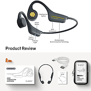 ELIBOM Bone Conduction Headphones, Bluetooth 5.2 Headset, Wireless Open-Ear Headphones, Up to 9 Hours Music&Call, IP65 Sweatproof Sports Earphones for Running, Cycling, Gym, with Arm Bag (Grey)