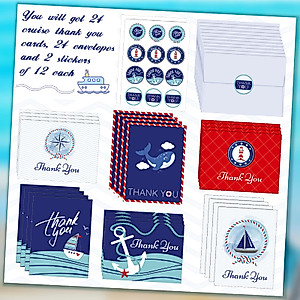 Hotop 24 Sets Cruise Thank You Cards for Ship Crew, Blank Inside Nautical Appreciation Note Cards Set with Envelopes and Stickers