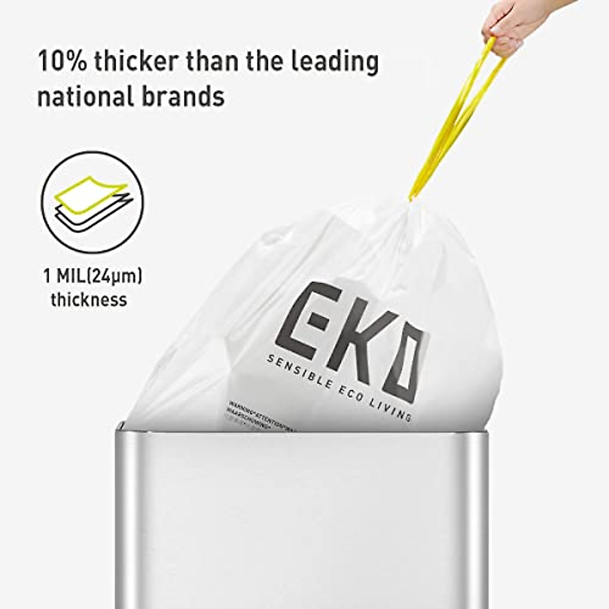 EKO Easy-Dispense Roll of 60 Count Extra-Strong Drawstring Kitchen Trash Bags - 13 Gallon Garbage Bags (40L-60L) 60 pack