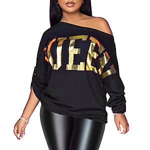 PESION Womens Off The Shoulder Tops Sexy Shiny Shirts Long/Short Sleeves Fashion Graphic T-Shirts Blouses, Black+ Gold Large