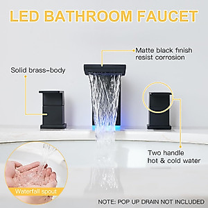 BESy Led 3 Hole Bathroom Sink Faucet, Matte Black Waterfall Wide Spread Bathroom Faucet with 3 Colors Light Changing, Widespread Vanity Faucet 2 Handle with Supply Lines with Pop Up Drain