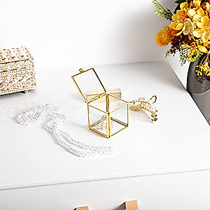 Feyarl Tiny Clear Glass Jewelry Trinket Box Ornate Rings Earrings Shadow Box Treasure Chest Organizer Decorative Keepsake Case with Lid for Wedding Birthday Gift (Gold)