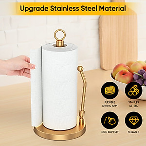 Paper Towel Holder Stainless Steel - One Hand Tear Paper Towel Dispenser Standing Weighted Base Non Slip, Spring Arm, Stainless Steel Paper Towel fits in Kitchen Bathroom Countertop (Gold)