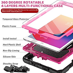 BLOSOMEET Case for iPad 9th Generation 2021 10.2 Inch with Tempered Glass Screen Protector & Pencil Holder,Protective Kids iPad 7th/8th Gen Cover 2020 2019 w/Stand Hand Shoulder Strap,Rosered