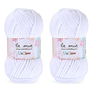 2 Skein La Mia Mellow Velvet Chenille Yarn for Knitting and Crocheting Baby Clothes, Blankets and Accessories, 100% Polyester, 100 gr (3.5 oz) / 115 m (125 Yards), Super Bulky, White - 901