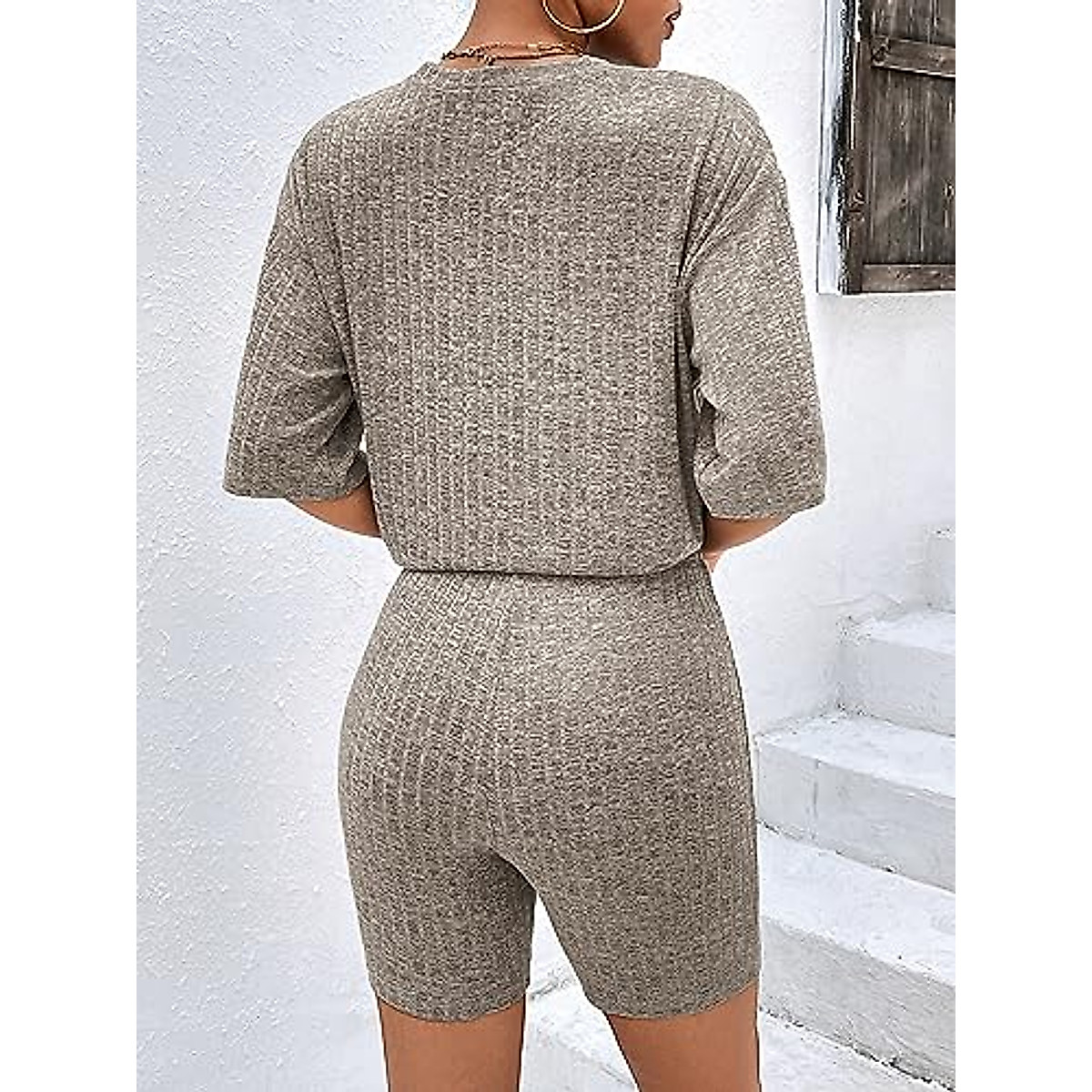 Ekouaer Pajamas 2 Piece Lounge Sets Ribbed Knit Matching Outfits T-shirt Biker Shorts Sleepwear Loungewear Sweatsuits Camel Medium