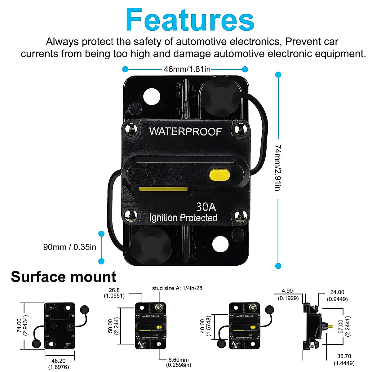 30 Amp Audio Circuit Breaker,12V-48V DC Fuse Holder,30-300A Breaker Switch,Inline Circuit Breaker with Reset Button,for Automotive Marine Boat Audio System Current Overload Protection