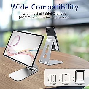 Tablet Stand, Portable Monitor Stand, Adjustable & Foldable Aluminium Kindle Stand Holder, Compatible with 2023 iPad Air 5/4, iPad Mini 6/5, iPad 10.2, iPad Pro 12.9/11, Phones (4-13 inch),Silver