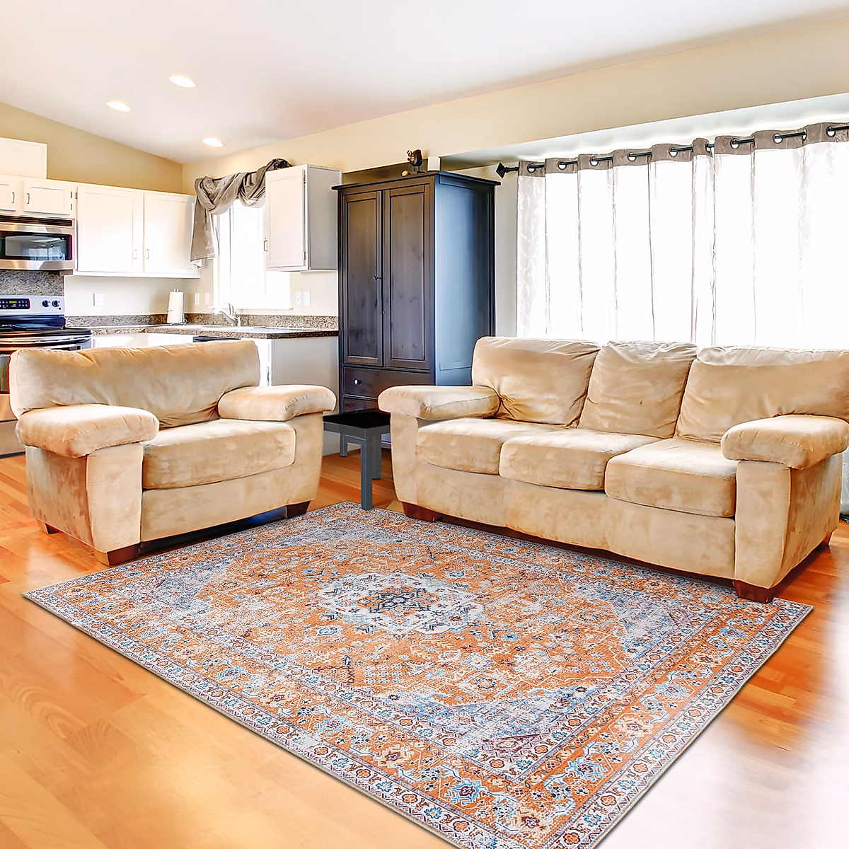 DECOMALL Kalina Washable Area Rugs 8x10ft, Bohemian Vintage Foldable Large Carpet for Living Room Bedroom, Orange