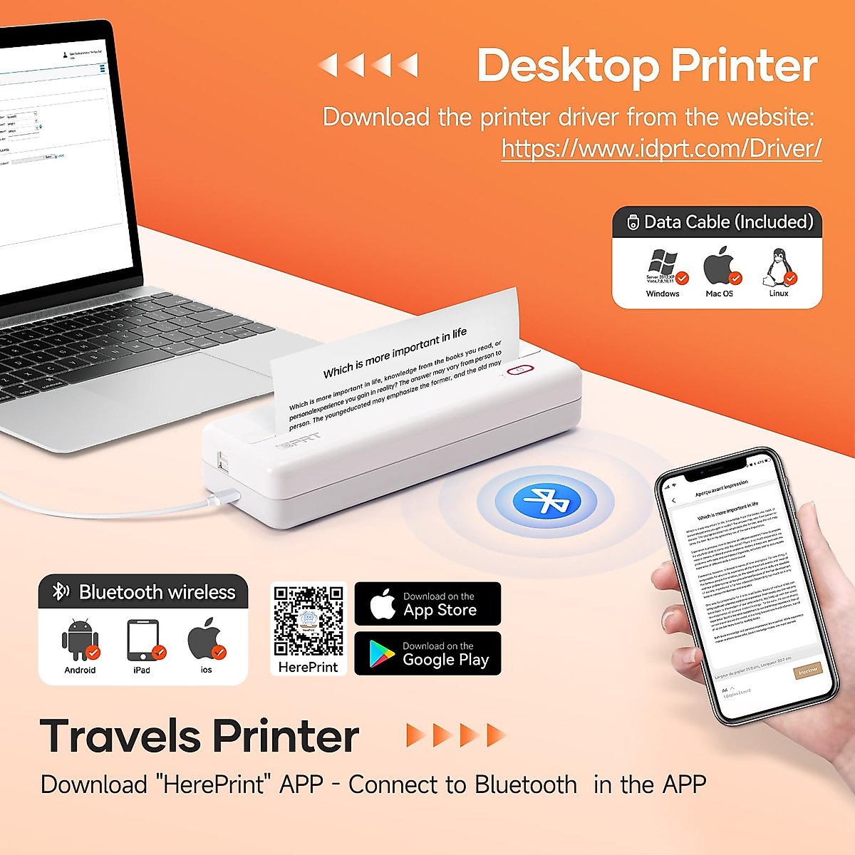 iDPRT MT890 Portable Wireless Printer - with Thermal A4 Paper, Bluetooth Inkless Printer for Travel/Home, Support US Letter&A4&A5 Size, Mobile Printer Compatible with iOS, Android & Laptop - White