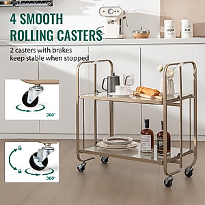 LOKO 2-Tier Foldable Bar Cart on Wheels, Mobile Home Bar & Serving Cart with Tempered Glass Shelf, Rolling Kitchen Island Cart with Powder-Coated Metal Frame, for Dining Room Living Room, Rose Gold