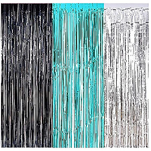 Graduation Decorations 2023 Turquoise Black Silver Foil Fringe Curtains for 2023 Turquoise Graduation Party Photo Backdrop/Women Birthday Decorations