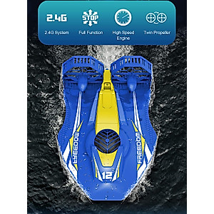 Remote Control Boats Hovercraft 2.4GHz Amphibious RC Boats Dual Motors for Pools Lakes and Smooth Land, with 2 Rechargeable Batteries Low Battery Reminder LED Light Watercraft Toy for Kids Boys Girls