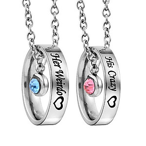 MJartoria Matching Necklaces for Couples, His and Hers Engraved Rhinestone Ring Pendant Necklace Gifts for Boyfriends Girlfriends (Silver, Her Weirdo His Crazy)