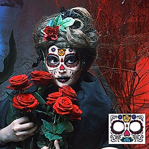 Day of the Dead Face Tattoos, 8 Sheets Sugar Skull Temporary Face Tattoos Stickers for Halloween Party Makeup