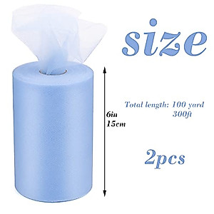 2 Pcs Tulle Fabric Rolls 6 Inch 100 Yards Polyester Tulle Gift Bow Tulle Roll Spool Fabric for Sewing Table Skirt and Birthday Party Wedding Decorations DIY Crafts Supplies (Light Blue)