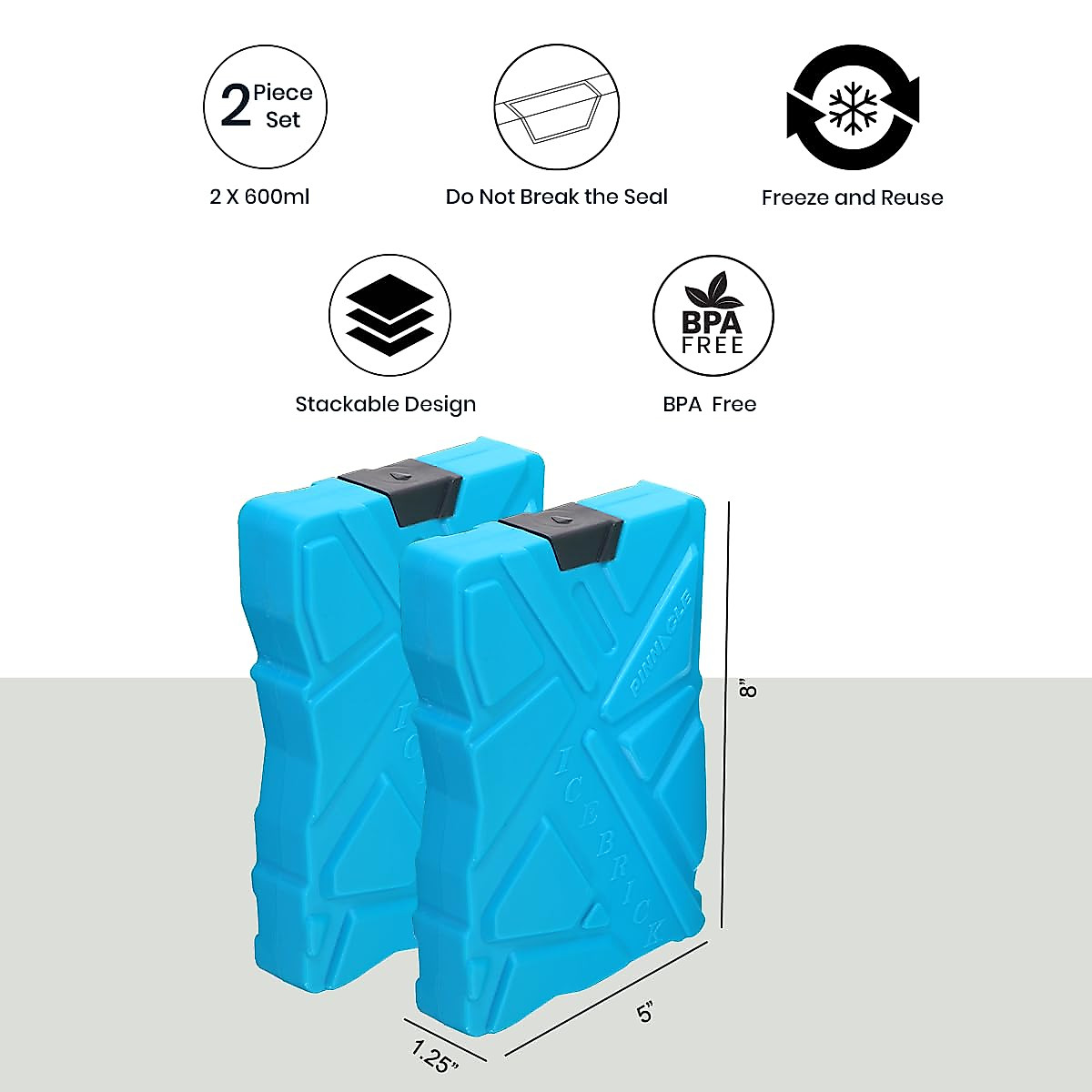 Pinnacle Ice Blocks for Cooler Set of 2 – Multipurpose Ice Packs for Coolers Long Lasting Reusable Refreezable –No Leak Lunch Box Ice Pack – Non BPA Food Safe Freezer Packs for Coolers - 20 oz.