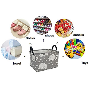 DUYIY Rectangle Canvas Storage Basket with Handle Large Organizer Bins for Dirty Laundry Hamper Baby Toys Nursery Kids Clothes Gift Basket (REC-love elephant)
