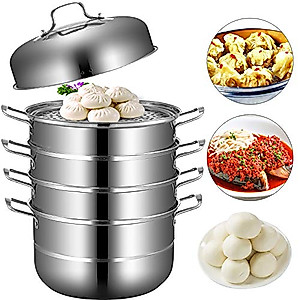 VEVOR 5-Tier Stainless Steel Food Steamer, 11'' Steaming Cookware Saucepot Transparent Tempered Glass Lid, Work with Gas, Electric, Induction Oven, Grill Stove Top, Dishwasher Safe