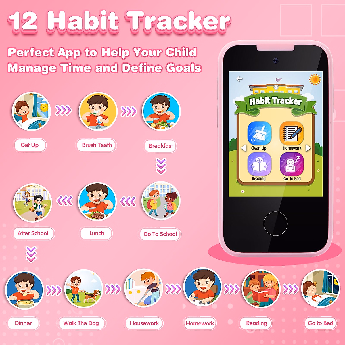 Kids Phone Toys for 3-6 Year Olds Girls, Touchscreen Kids Cell Phone with Dual Camera, MP3 Music Player, Games, Habit Tracker Kids Toddler Phone Learning Toy Birthday Gifts for Girls Age 3 4 5 6 7 8