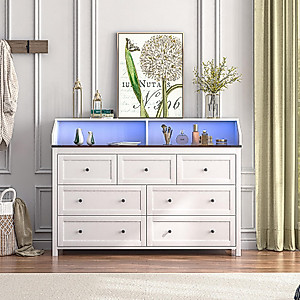 GlouMod LED Dresser with Charging Station, 7 Drawer Dresser for Bedroom, Chest of Drawers with RGB Lights, Wood Dresser with Deep Drawers for Bedroom, Hallway, White Dresser