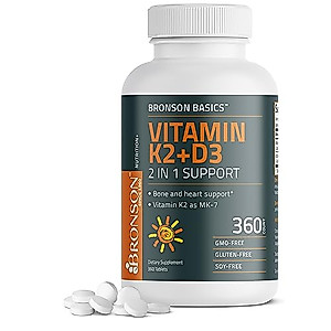 Bronson Basics Vitamin K2 D3 (MK7) Supplement Non-GMO Formula 5000IU (125 mcg) Vitamin D3 & 90 mcg Vitamin K2 MK-7 Easy to Swallow Vitamin D & K Complex, 360 Tablets